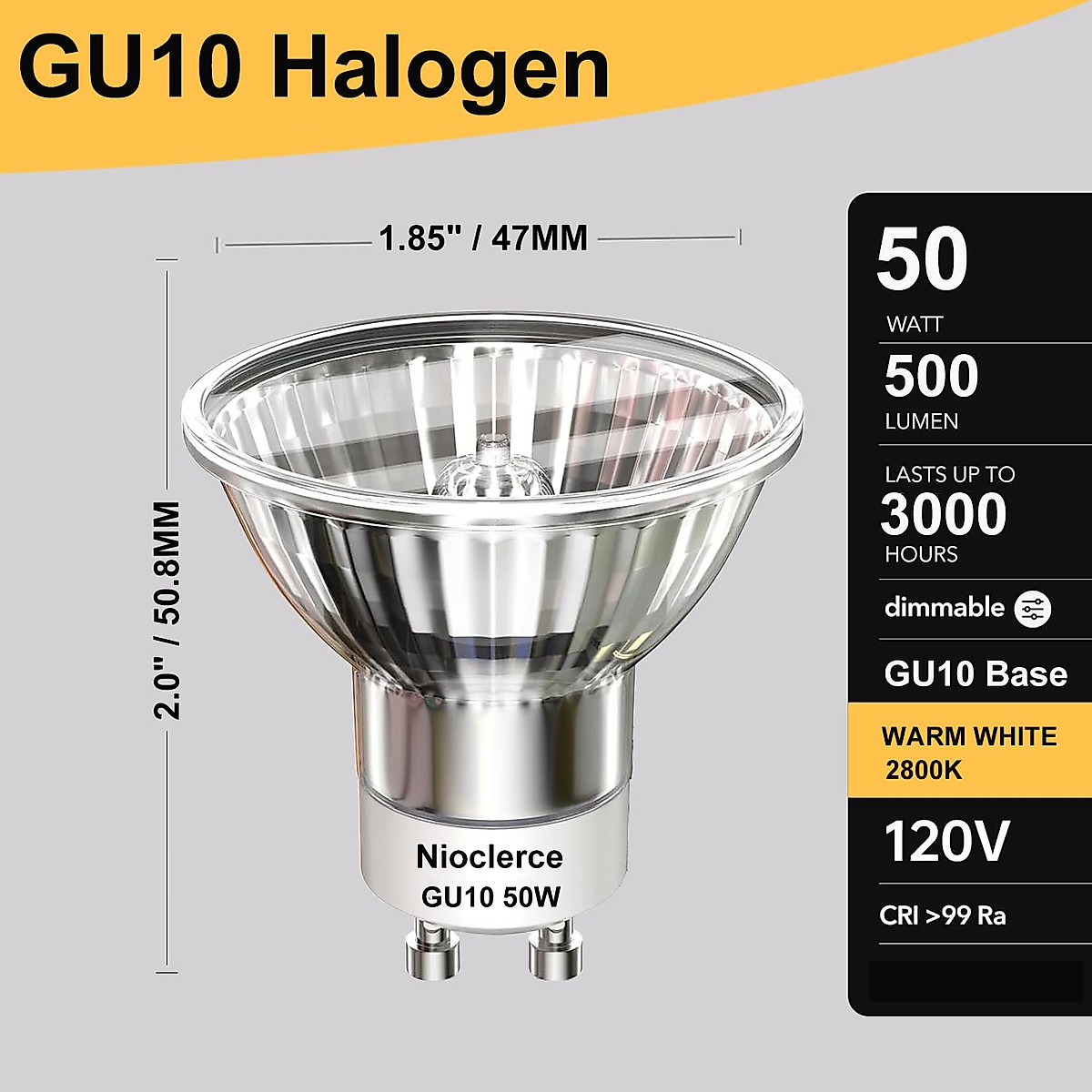Nioclerce GU10+C 120V 50W Bulb - MR16 GU10 Base Bulbs Warm White GU10 Halogen 50W Bulbs, GU10 Dimmable Bulb High Output 500LM, Long Lasting 50 Watt GU10 Bulbs for Candle Warmer, Track Lighting