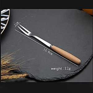 DEEKOUDT 6 Pcs Wooden Handle Stainless Steel Two Prong Forks Fruit Cake Appetizer Forks