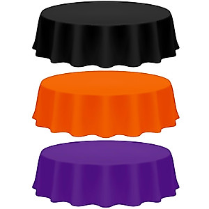 Amylove 12 Pcs 84 Inch Plastic Halloween Tablecloth Round Waterproof Disposable Orange Purple Table Cloth Tabletop Halloween Decorative Table Cover for Halloween Parties Decorations