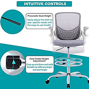 Tall Office Chair, Drafting Chair, Standing Desk Chair, High Adjustable Office Mesh Chair, Ergonomic Counter Height Computer Rolling Chair with Flip-up Armrests and Foot-Ring for Bar Height Desk