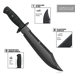 LANCERGEAR Survival Hunting Knife with Sheath, 15" Stainless Steel Fixed Blade, Black Rubber Non-slip Handle, Suitable for Camping, Hunting and Adventure, Cool Knife Gift for Men