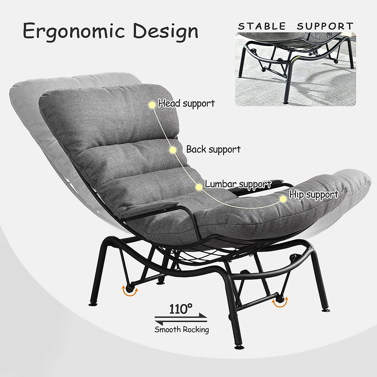 ovios Glider Rocking Chair with Ottoman, Mid Century Modern Accent Chair, Comfy Gliding Rocker Lazy Recliner Chair with Arms for Living Room and Small Space, Dark Grey