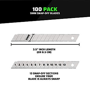 Fixson Box Cutter Utility Knife 9-mm Snap-Off Replacement Blades (100 PACK REPLACEMENT BLADES) With 1 Retractable Razor Blade Included