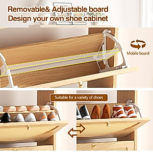 Meilocar Rattan Shoe Cabinet, 2 Flip Door Shoe Storage Cabinet with 1 Drawer Freestanding Slim Shoe Rack Storage Organizer with 3-Tier Adjustable Shelves for Entryway, Closet, Hallway (Natural)