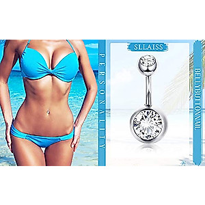 Sllaiss Belly Button Rings For Women 925 Sterling Silver 14G Bar 8mm CZ Round Ball Navel Barbell Stud Body Piercing Jewelry
