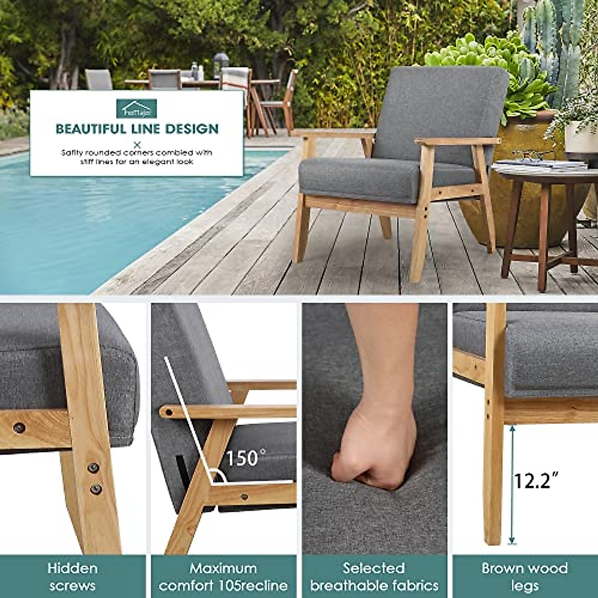 Homajor Accent Chairs Set of 2,Accent Chairs for Living Room,Accent Chair,Mid Century Modern Chair,Arm Chair,Reading Chair,Wooden Comfy Armchair for Bedroom,Grey (OWS1GY-2pc)