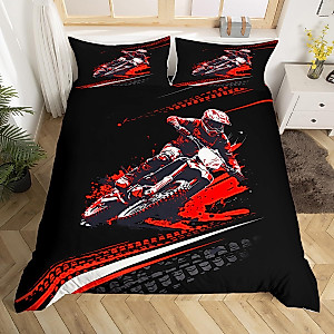 Motorcycle Bedding Duvet Cover Set Full Size Dirt Bike Bedding Set for Boys Decor Extreme Sports Comforter Cover Set Microfiber Red Black Bedspread Cover Motorbike Bedroom Bedclothes