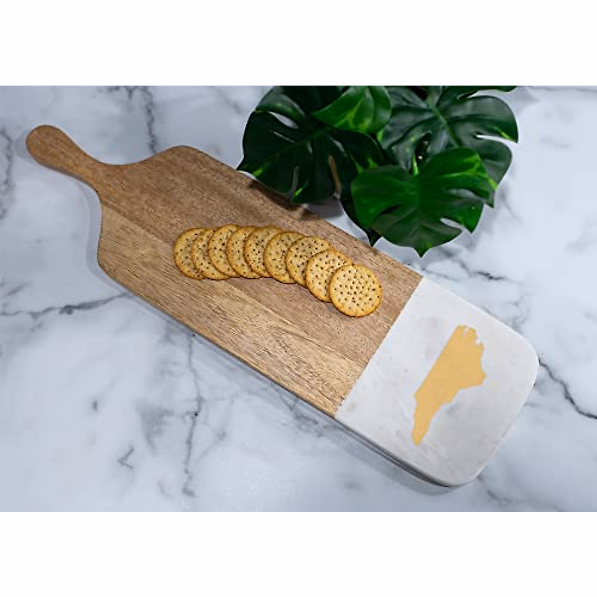 Mary Square State of North Carolina Gold Foil 20 x 6 Food Safe Mango Wood and Marble Serving Cutting Board with Handle
