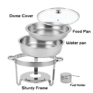 Restlrious Chafing Dish Buffet Set 4 Pack Stainless Steel Round Chafers and Buffet Warmers Set with Glass Viewing Lid, 5QT Complete Set for Buffet Catering w/Water Pan, Food Pan, Fuel Holder