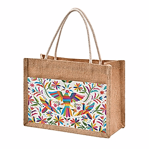 Eionryn Mexican Otomi Birds Floral Jute Tote Bag Reusable Grocery Shopping Bag Burlap Beach Bag Market Bags With Handle for Wedding Party Gift DIY 16.9 x 12.6 x 7.1 inch