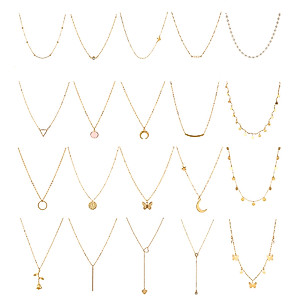 Honsny 20PCS 14K Gold Plated Choker Necklaces for Women, Dainty Gold Diamond Coin Pearl Pendant Simple Chain Necklace Set Cute Gold Layered Necklaces for Women Teen Jewelry Gifts