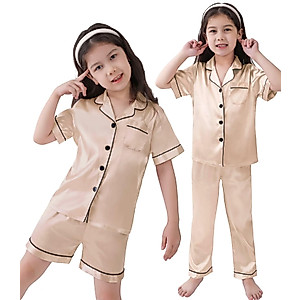 SWOMOG Kid's Silk Pajamas 3 Piece Girls Boys Satin Pajamas Set Button-Down PJs Sets Soft Lounge Sets Short Sleeve Sleepwear Champagne