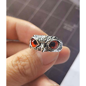 925 Sterling Silver Owl Ring blue or red eyes for men and women animal jewelry (Blue)