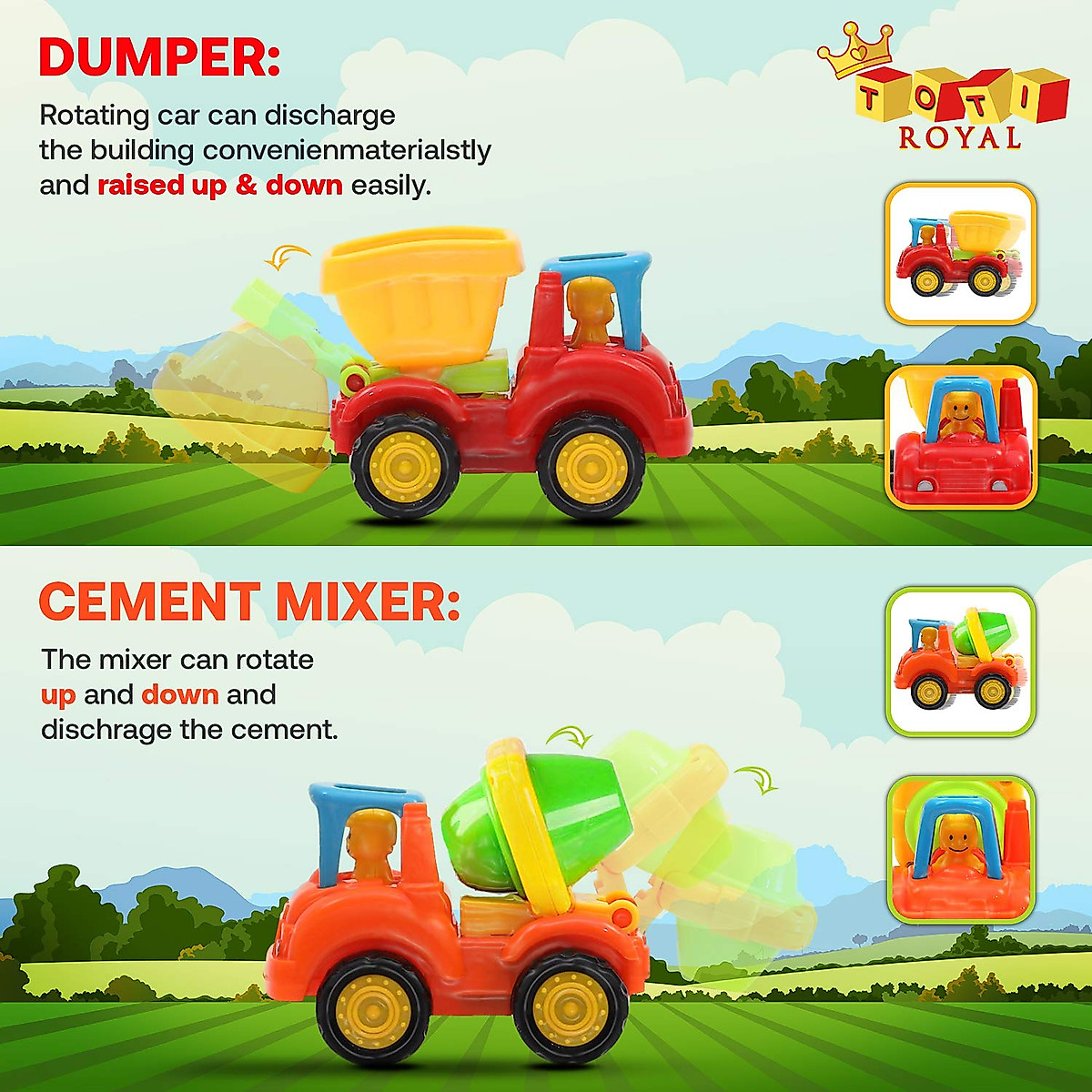 friction Powered Cars Push and Go Construction Vehicles Toy Set of 4 Cartoon Bulldozer, Tractor, Cement Mixer, Dump Truck - w/Bonus Mesh Bag Toddler/Baby-Friendly for Boys and Girls Ages 1-5 Kids Gift