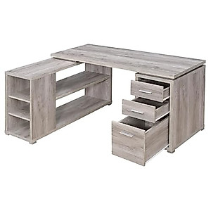 Pemberly Row L Shape Corner Storage Desk in Grey Driftwood, Letter/Legal File, 5 Bookshelves
