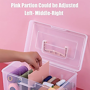 FOREVERIE Clear Plastic Office Supply Art & Craft Storage Box, Sewing Box Organiser Large with a Removable Tray & Adjustable Partition, Portable Travel Makeup Case (Clear & pink)
