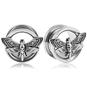 Maxbott 2 PCS Stainless Steel Skull Butterfly Plugs and Tunnels Ear Gauge Stretcher Plug Jewelry Piercing Expander Gauges 8mm-19mm (10mm(00G), Silver)