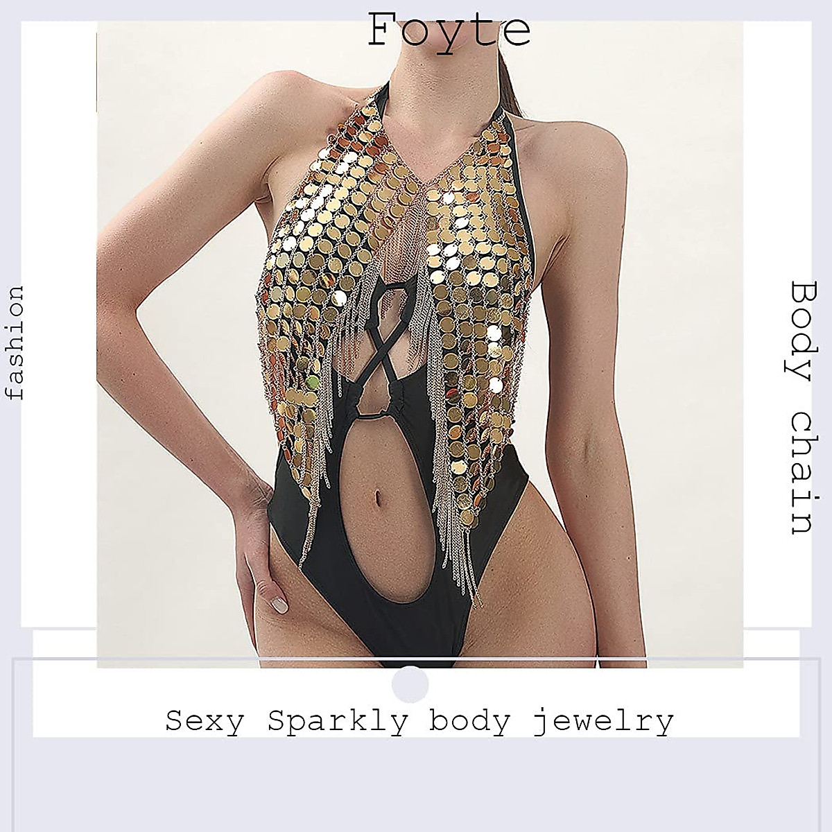 Foyte Sexy Sequins Tassels Body Chains Summer Bikini Gold Body Chains Sexy Beach Bra Body Chains Sparkly Body Accessorices for Women and Girls (Sequins)