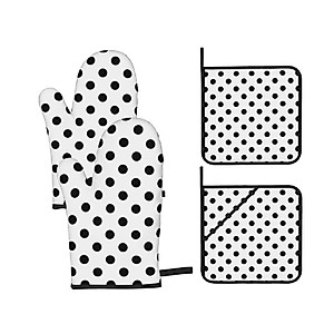 nhbfcds Black White Polka Dot Oven Mitts and Pot Holders Sets, 4 Piece Set, Heat Resistant Polyester Gloves and Pads for Kitchen Cooking Baking Grilling BBQ, One Size
