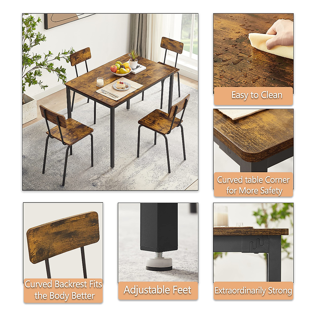 Dining Table Set for 4, 5-Piece Dining Chair with Backrest for Small Spaces, Bar Table and Chairs Set, Person Counter Height Table Set with 4 Chairs for Pub Restaurant Dinner Breakfast(Rustic Brown)