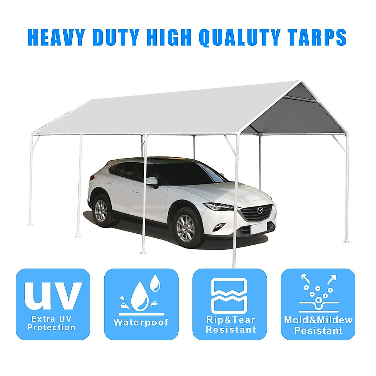10 x 20 Ft Heavy Duty Carport Replacement Canopy Cover Waterproof & UV Protected Garage Top Tent Shelter Tarp Cover with 44 Ball Bungees Cords, Only Top Cover, Silver Grey