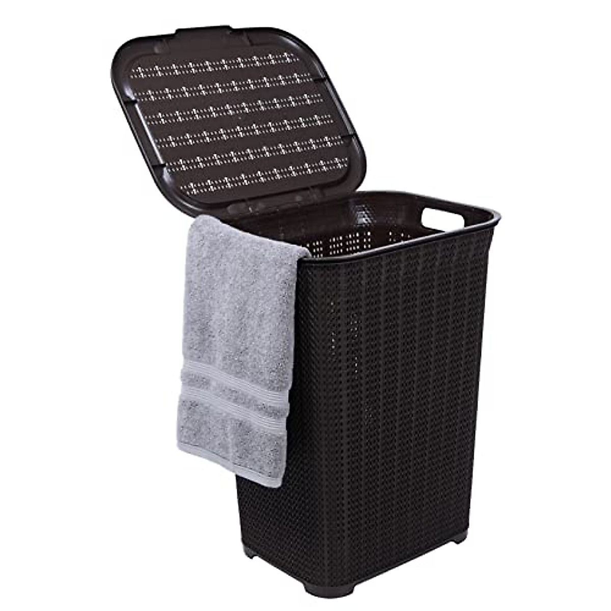 Wicker Laundry Hamper With Lid 50 Liter - Brown Laundry Basket 1.40 Bushel Durable Bin With Cutout Handles - Easy Storage Dirty Cloths in Washroom Bathroom, Or Bedroom. By Superio.