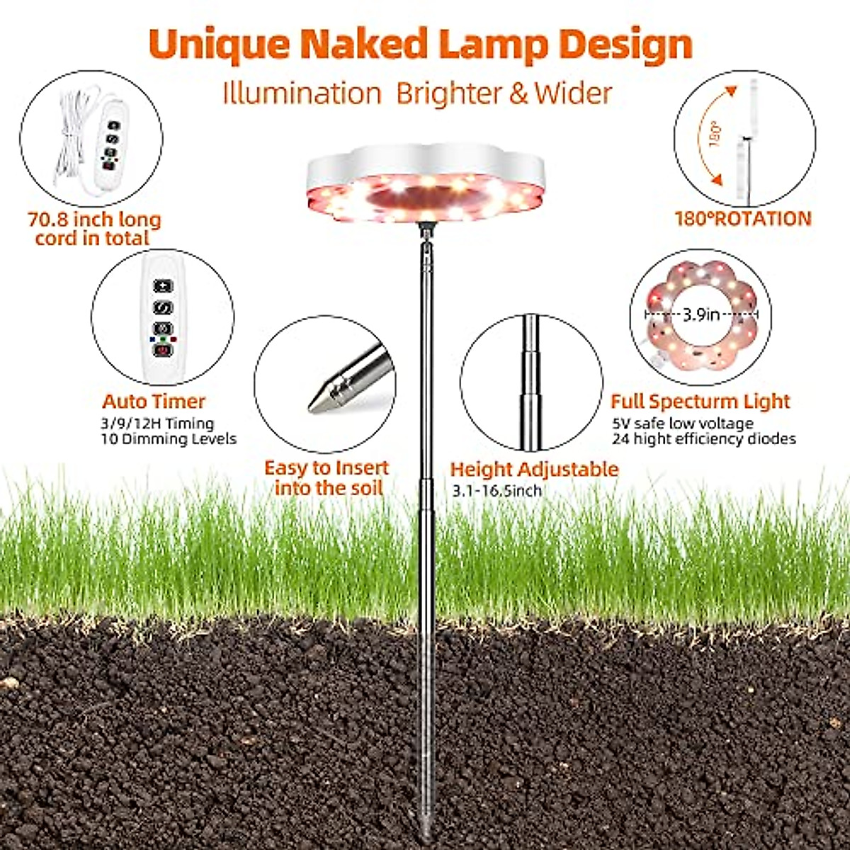 Grow Light, CANAGROW Full Spectrum LED Plant Lights for Indoor Plants, Height Adjustable Plant Halo Growing Lamps, Auto On/Off Timer, 3 Lighting Modes & 10 Dimmable Brightness for Small Plants