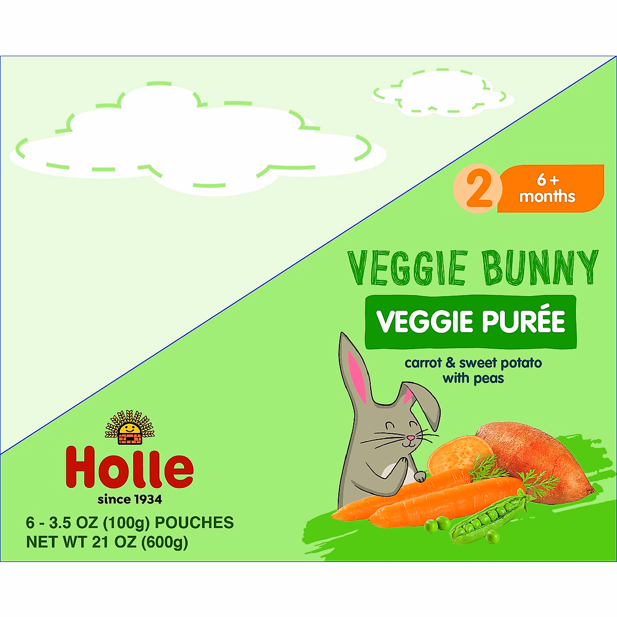 Holle Organic Baby Food Pouches - Veggie Bunny Baby Puree with Carrots, Peas and Sweet Potato - (6 Pack) Organic Baby Snacks + Fruit and Veggie Pouches for Weaning Babies 6 Months and Older