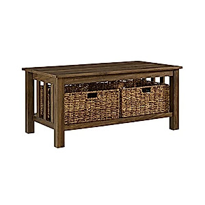 Walker Edison Alayna Mission Style Two Tier Coffee Table with Rattan Storage Baskets, 40 Inch, Dark Walnut