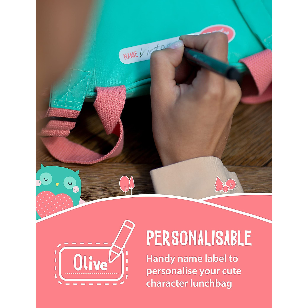 Planet Buddies Kids Lunch Box Bag, Insulated Lunch Bag Backpack for School, Cool Bag Lunch Boxes for Girls and Boys, Children's Backpacks with Water Bottle Holder and Name Tag, Olive the Owl