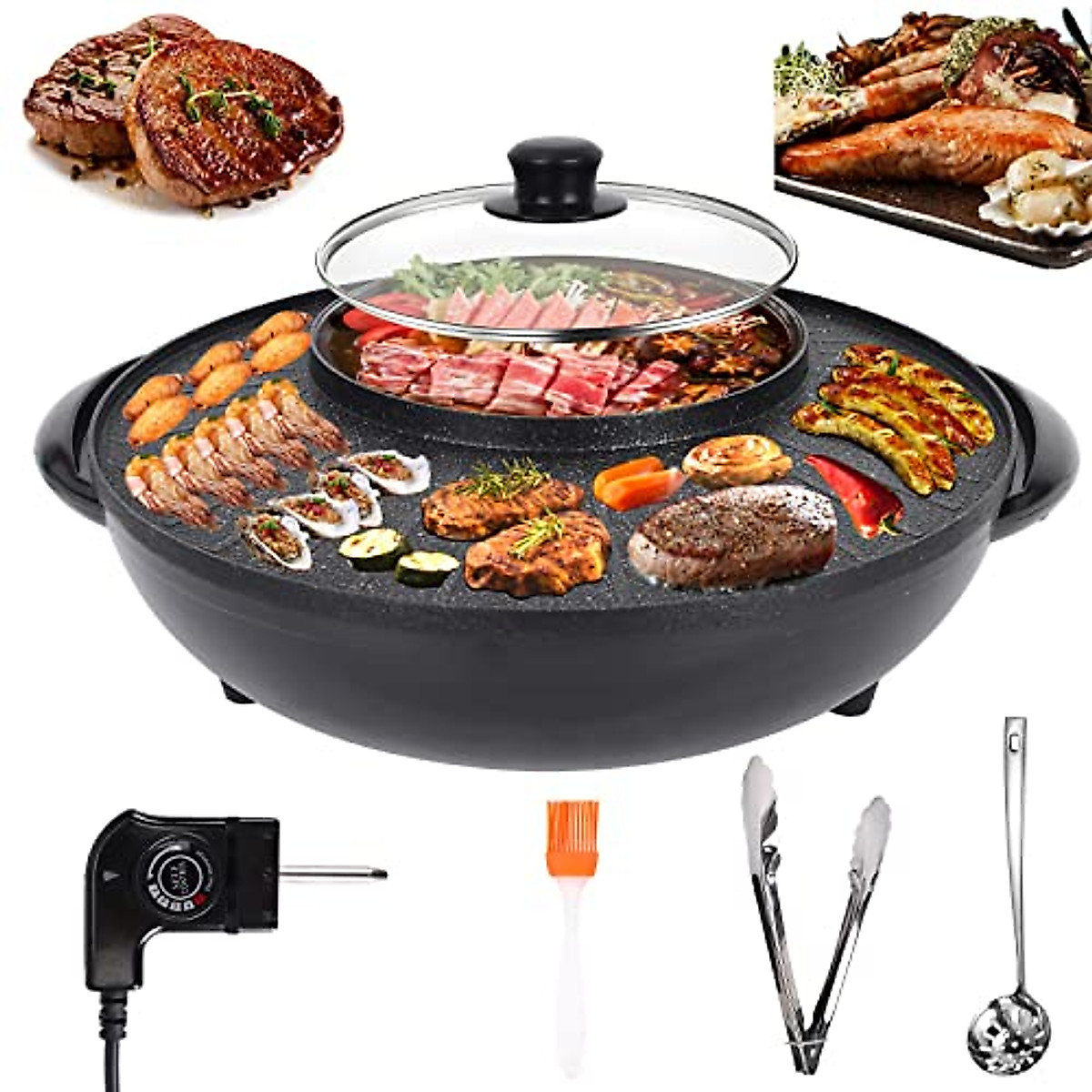 Electric Smokeless Grill and Hot Pot 2 in 1, Multifunctional Round Pot, Hot Pot Plate, Korean Barbecue Electric Smokeless, Non Sticky Pot Black 110v.