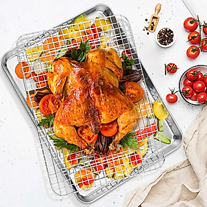 TeamFar Baking Sheet with Rack, 17.6 x 13 x 1 Inch Stainless Steel Baking Tray Pan Cookie Sheet with Cooling Rack Set for Baking/Roasting/Cooling, Non-Toxic & Heavy Duty, Dishwasher Safe