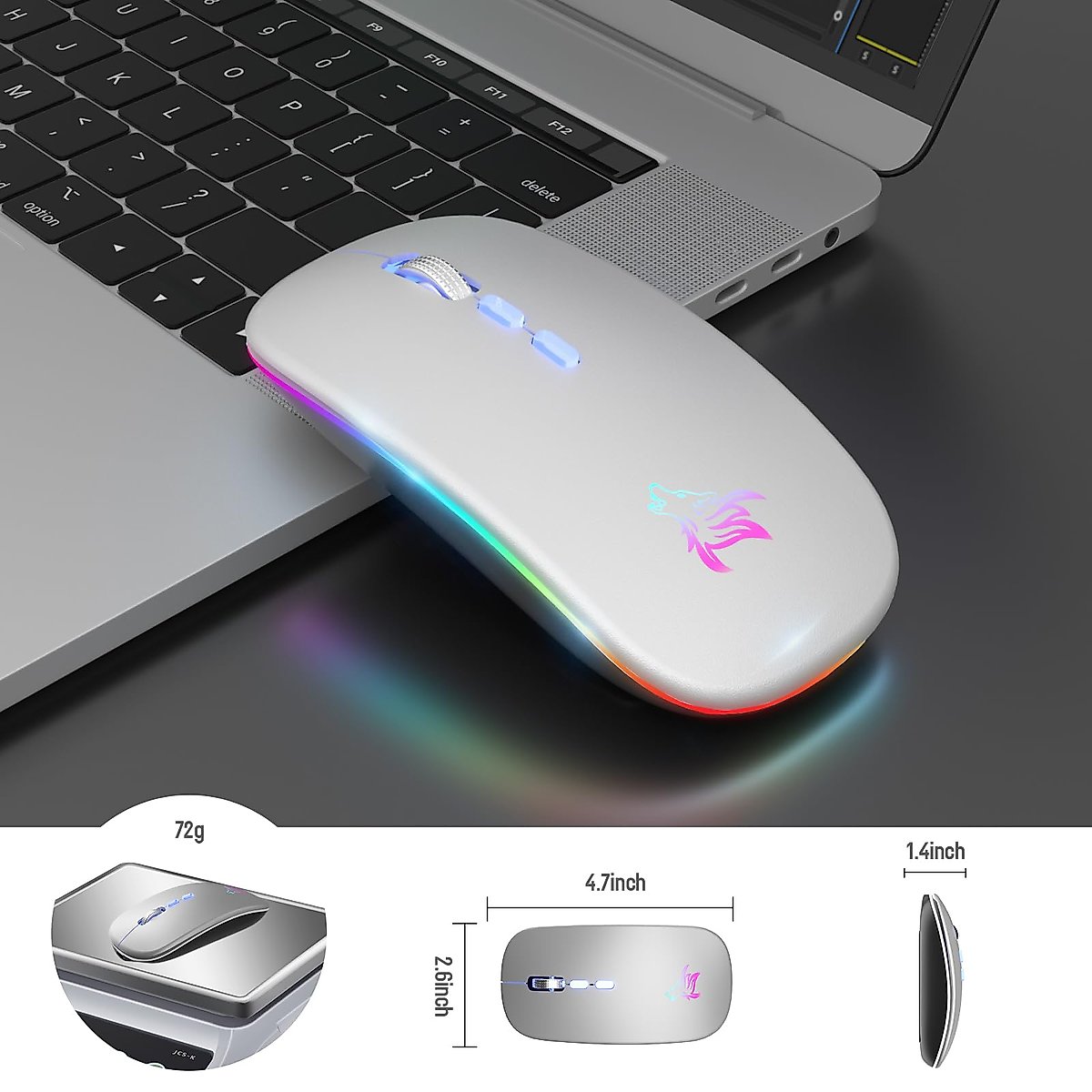 HOTLIFE LED Wireless Mouse, Slim Rechargeable Silent Bluetooth Mouse, Portable USB Optical 2.4G Wireless Bluetooth Two Mode Computer Mice with USB Receiver and Type C Adapter(Silver)