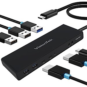 VisionTek VT4500 12in1 Docking Station Dual Monitor 4K – x2 HDMI, x2 DisplayPort, 60W USB-C PD, x4 USB-A 3.0, x2 5Gbps USB-C, 3.5mm Audio Jack, & Ethernet – Compatible with Laptop, PC, and MacBook