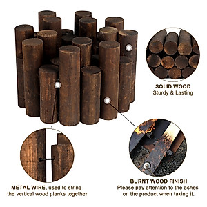 Worth Garden Log Rolls Wooden Short Fence Border - 6.5 in. H x 47 in. L Burnt Wood Finish Outdoor Garden Lawn Landscape Edging Flexible Decorative Heavy-Duty Tree Fence Border - Yard Maintenance