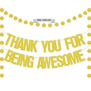 Pre-Strung Thank You for Being Awesome Gold Glitter Banner,NO NEED DIY Cute Banner Sign with 2PCS Hanging Circle Dot Streamer for Graduation Retirement Going Away Office Work Job Change Goodbye Party