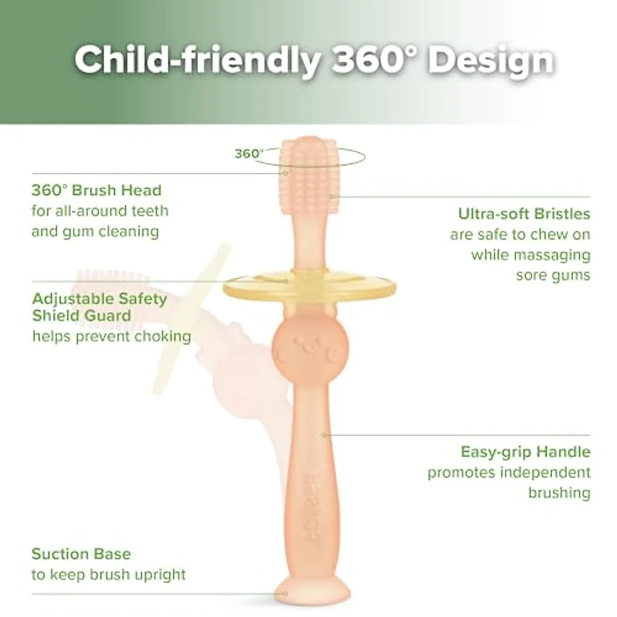 haakaa Infant Toothbrush, Easy to Hold 360° Baby Toothbrush, Train 6month+ Infants Babies and Toddlers for Oral Hygiene, Teether Effect for Sore Gums, 1pc (Pink)