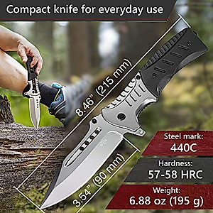 Bundle of 2 Items - Black Pocket Knife - Serrated Sharp 3,5" Blade Folding Knives - Best Camping Hunting Fishing Hiking Survival Knofe - Travel Accessories Gear Boy Scout Knife Gifts for Men