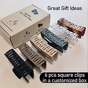 Nalodu Rectangle Hair Claw Clips Large 4 Inch Matte Square Clear No Slip Big Jaw Clip Multi-Colored for Thick Hair Women, 6 Pack