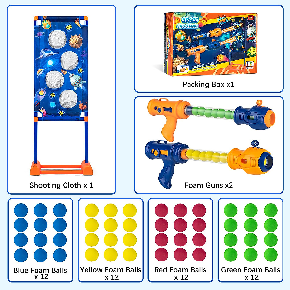 SUYE Shooting Game Toy for Age 6, 7, 8, 9, 10+ Years Old Kids, Boys - 2pk Foam Ball Popper Air Guns & Shooting Target & 48 Foam Balls - Ideal Gift - Indoor and Outdoor Toy Guns for Kids Girls