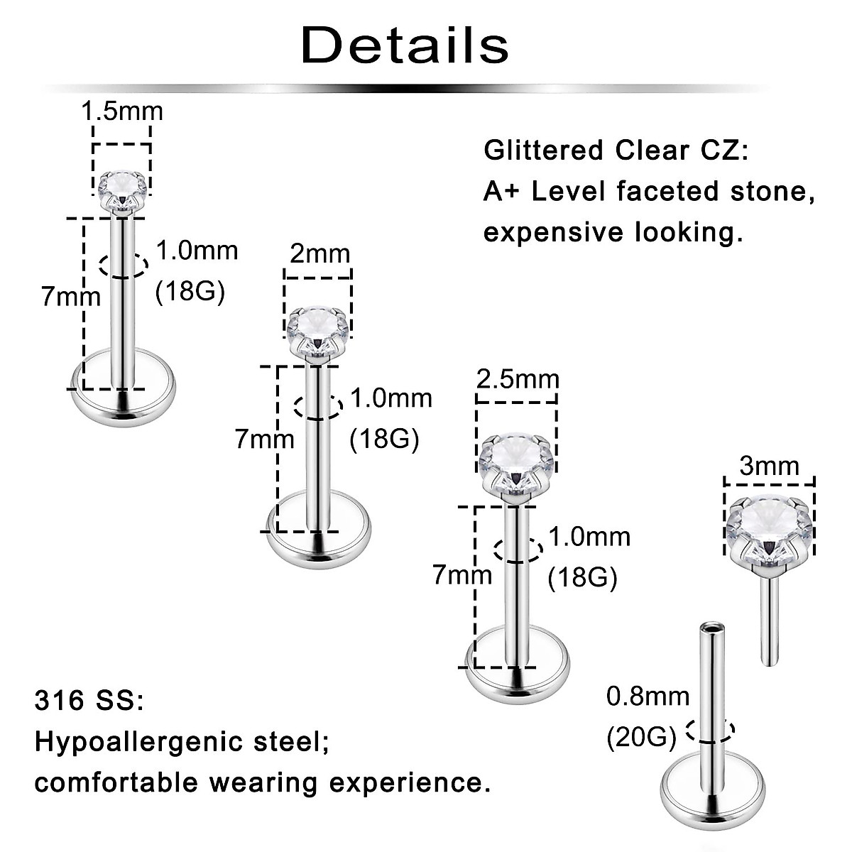 Ftovosyo 18G Threadless Push in Nose Rings Studs Surgical Steel Pushin Nose Stud 1.5mm 2mm 2.5mm 3mm Round Crystal Nose Piercing Jewelry for Women Men