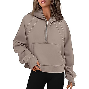 WYNNQUE Womens Hoodies Oversized Sweatshirts Half Quarter Zip Pullover Cropped Long Sleeve Fall Outfits Fashion Clothes Coffeegrey M