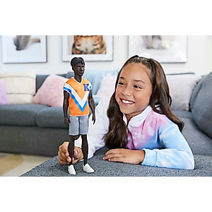 Barbie Fashionistas Ken Fashion Doll #203 with Twisted Black Hair Wearing Orange Athletic Jersey, Shorts & White Sneakers