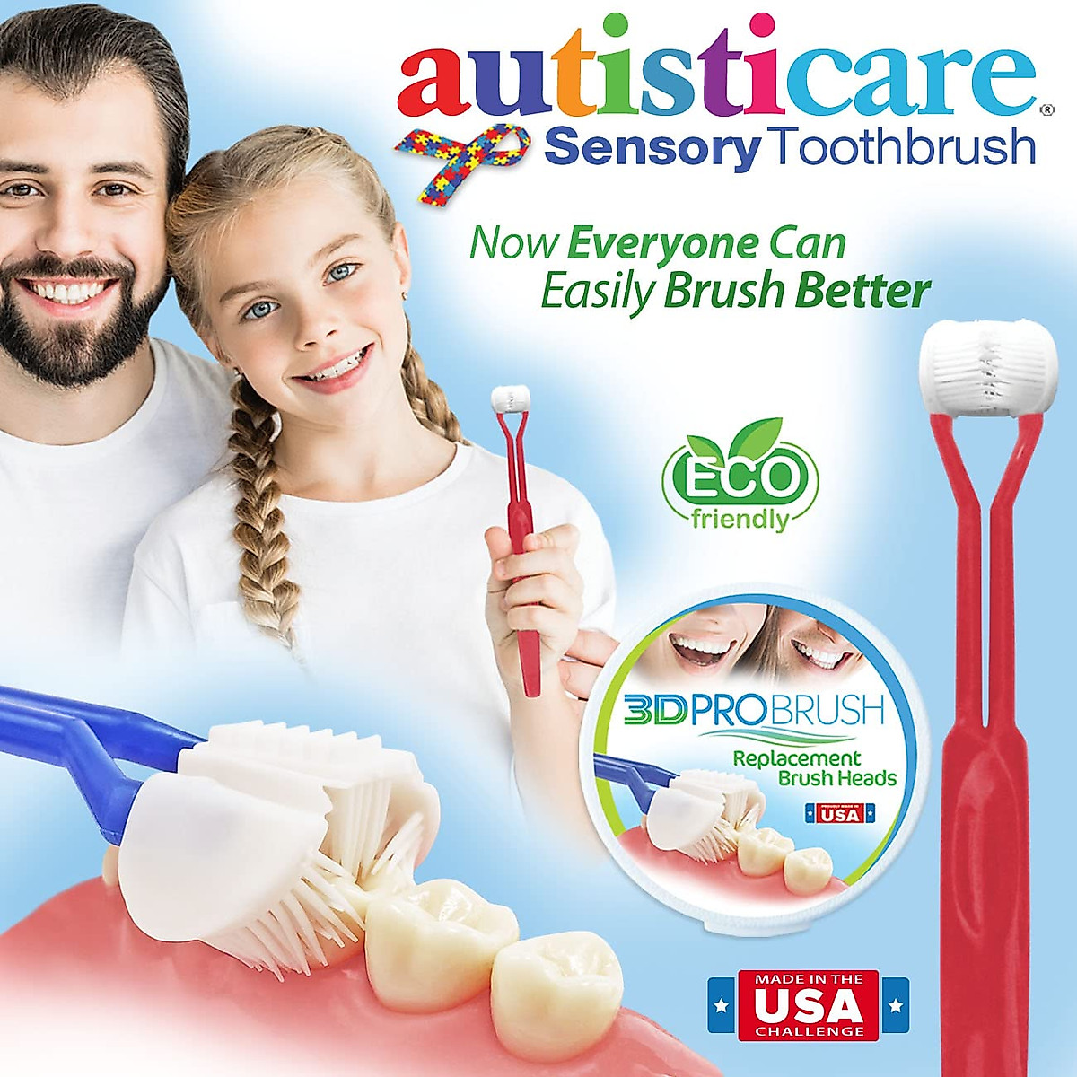autisticare New Softer Feel Sensory 3-Sided Toothbrush 3-PK | Autism Spectrum Special Needs Asperger's Complete Dental Care Tactile Child Calming Gift Therapy Gum Health Fidget Caregiver Made in USA