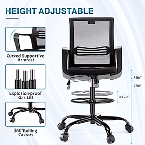 AFO Tall Drafting Chair with Adjustable Foot Ring Ergonomic Lumbar Support and Comfortable Armrest, High Resilience Sponge, Breathable Mesh Cloth, 360 Degree Swivel Rolling for Standing Desk, Black