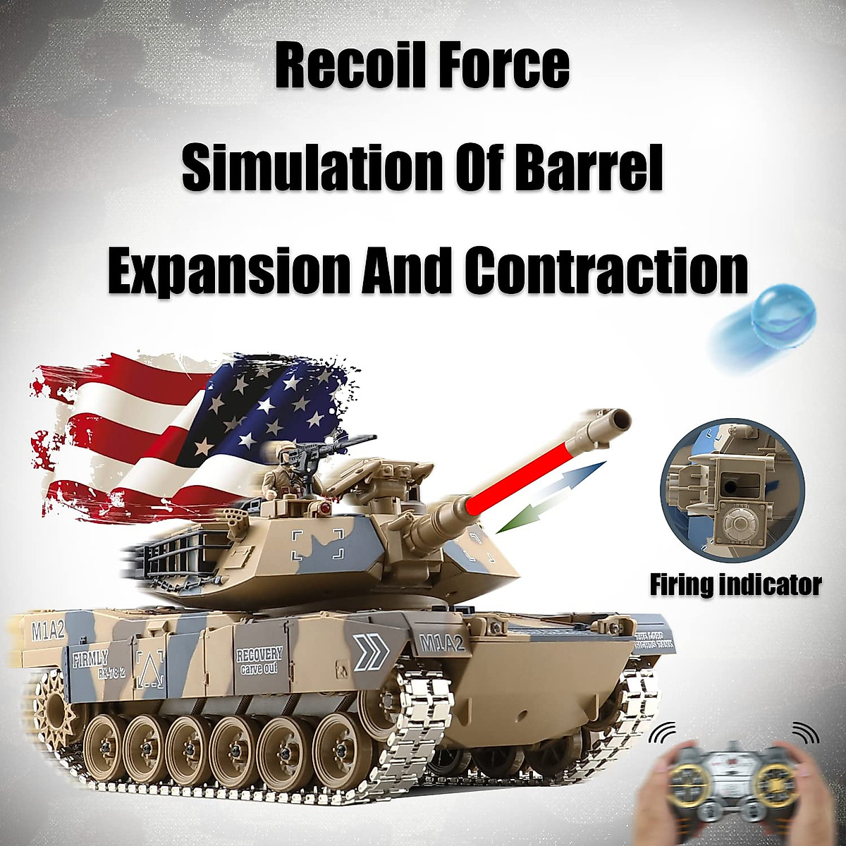 TIMWIENR RC Tanks That Shoot BBS, 1/18 Remote Control Tank with Metal Track, Spray Mists, 45MINS Playing Time, 3D Stereo RC Army Military Vehicle Toys for Adults & Kids (M1A2)