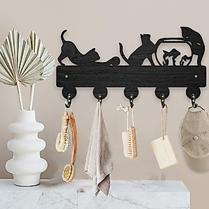 BEUNITONE Cat Wooden Key Holder Animal Key Hanger 11.8x7.9 Cat Fish Decorative Key Holder Rack Wall Mounted Wood Key Display Holder with 5 Hooks and Screws for Entryway Kitchen Hallway Office