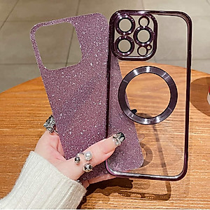 aowner Magnetic Case for iPhone 13 Pro Max Glitter Case, Luxury Plating Cute Bling with Camera Lens Protector, Compatible with MagSafe, Slim Thin for Women Girls Protective Clear Phone Case, Purple