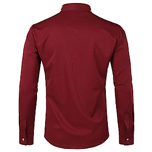 ZEROYAA Mens Hipster Gold Embroidery Mandarin Collar Slim Fit Long Sleeve Casual Dress Shirts Z52 Wine Red XX-Large
