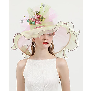 RZTA Women's Kentucky Derby Church Dress Hat Wide Brim Leaf Flower Bridal Shower Hat E3-Beige,Pink